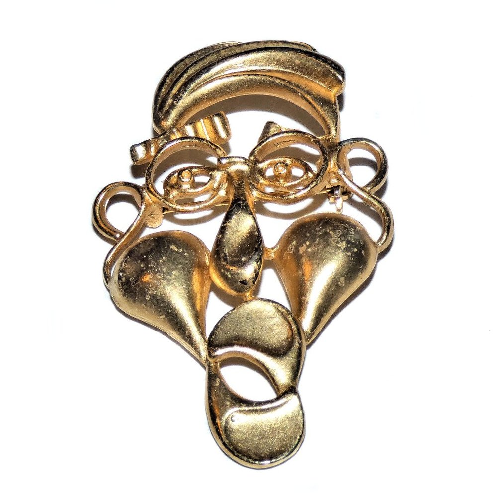 Vintage Man's Face Brooch Pin Glasses Gold Tone Abstr… - Gem